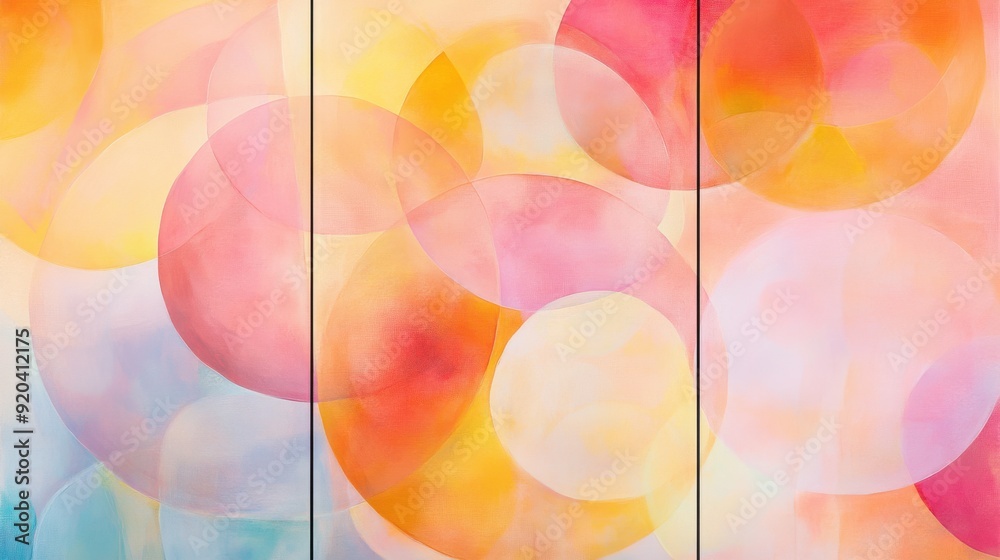 Set of 3 wall art panels with overlapping translucent circles abstract painting on a soft pastel ...
