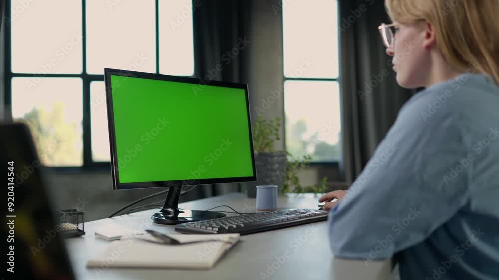 Young Woman Working In Office On Desktop Computer with Green Screen ...