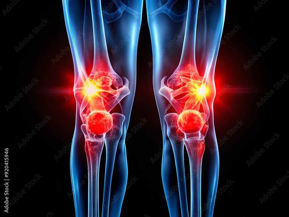 X-ray image of a human leg and knee joint, highlighting inflammation ...