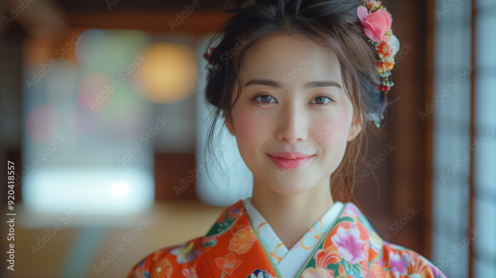 Elegant Japanese Woman in Traditional Kimono with Serene Expression and ...