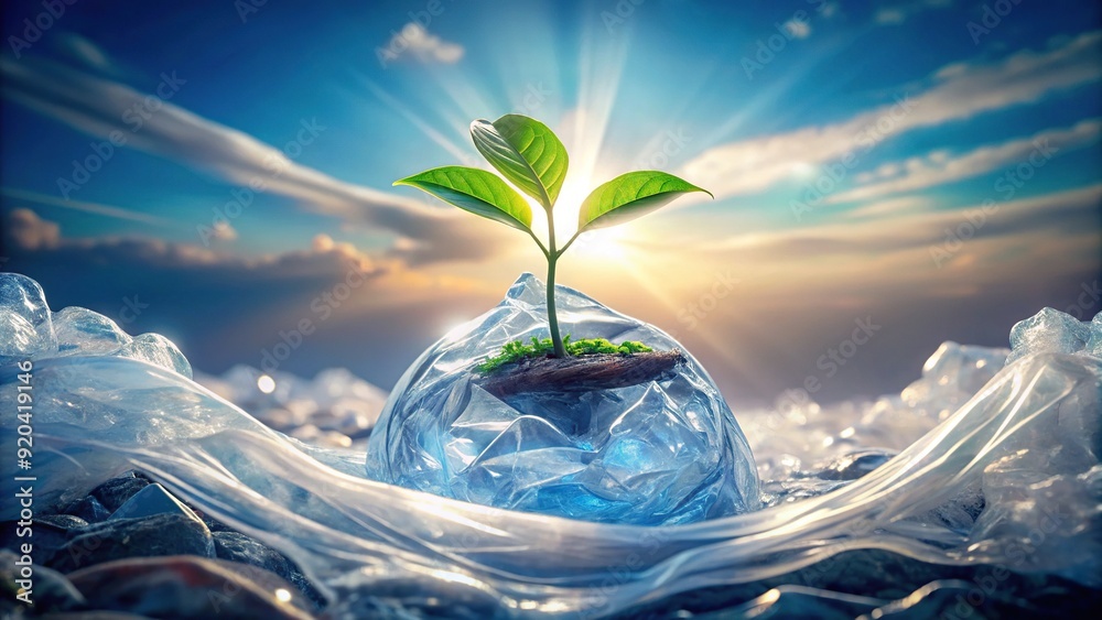 Delicate sprout emerges from a swirling vortex of recycled plastic ...