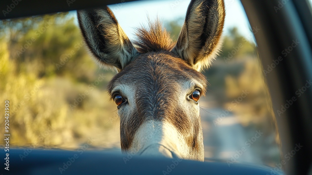 A close-up of a wild donkey's head, taken from an open car window. The ...