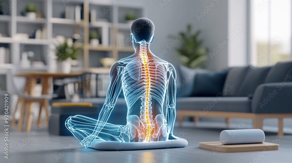 240805 18. Back pain illustration in cozy living room. Sciatica anatomy ...