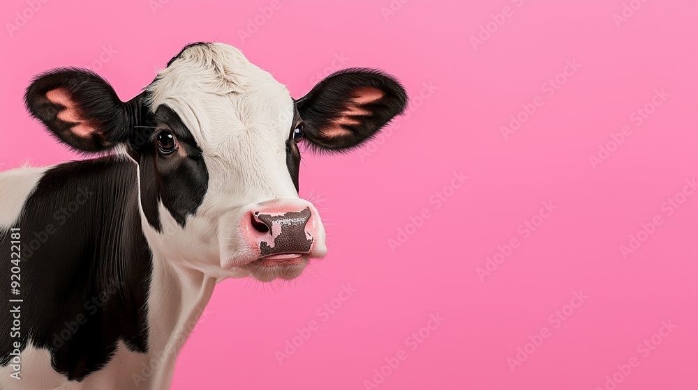 A cow with pink background. The cow is looking at the camera. The pink ...
