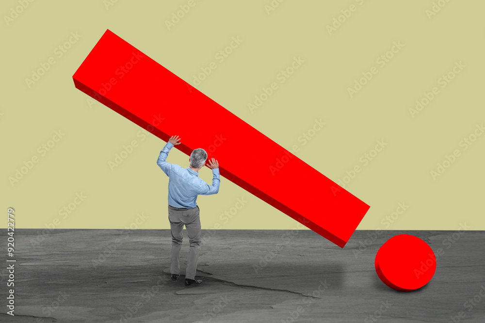 Small man holding big red exclamation mark on yellow background ...