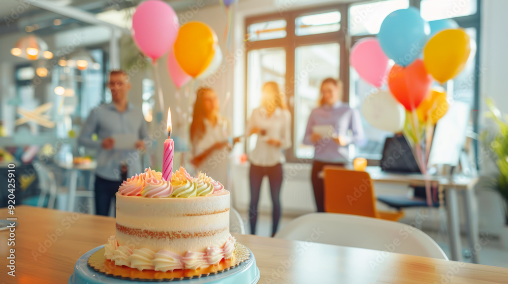 Business birthday party: cake with candle on the desk, collegues and ...
