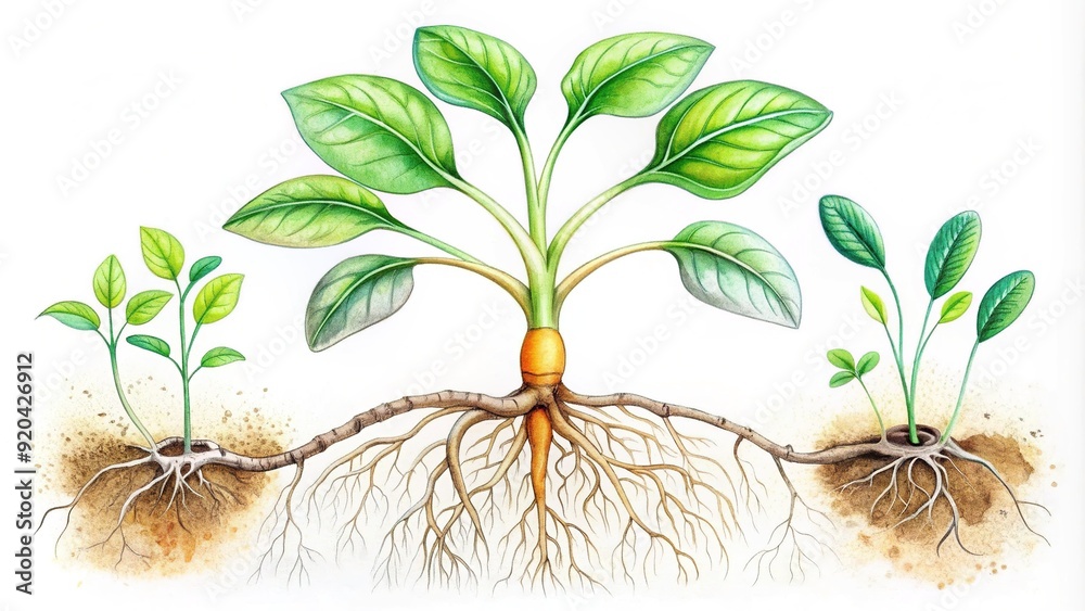 A detailed, hand-drawn scientific illustration of a seedling's anatomy ...