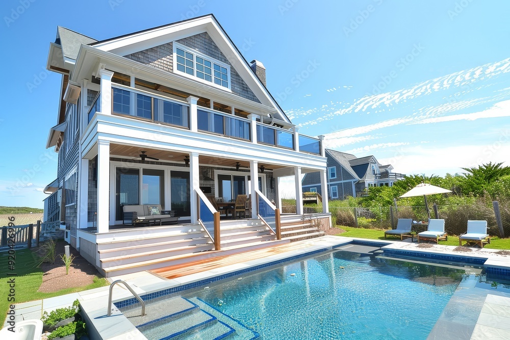 Back view of an oversized two-story beach house in Nantucket with white ...