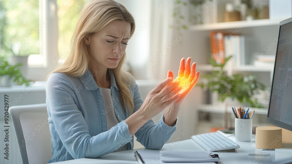 240805 175. A woman examining painful palm at office workstation ...