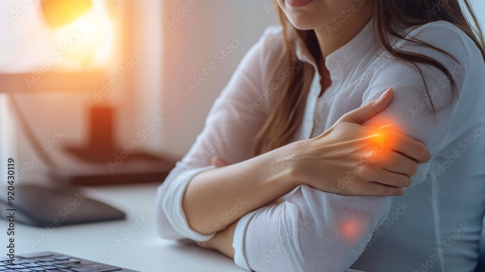 240805 31. A woman having pain at elbow in office. Lateral epicondyle ...