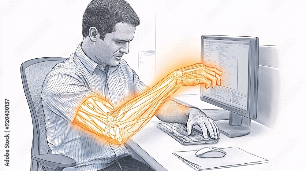 240805 32. A man experiencing discomfort at elbow while working in ...
