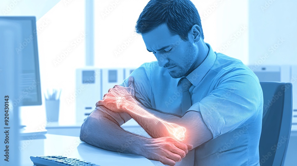 240805 32. A man experiencing discomfort at elbow while working in ...