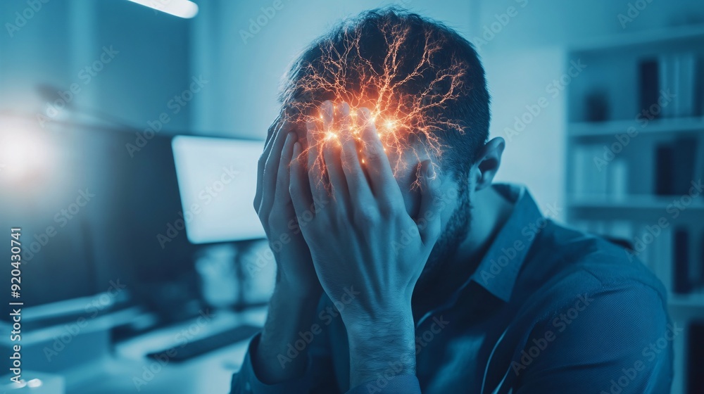 240805 53. Close-up of person clutching painful head in modern office ...