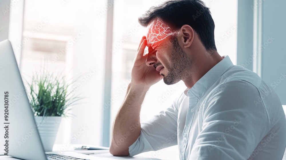 240805 54. Side view of individual grimacing with head pain at office ...