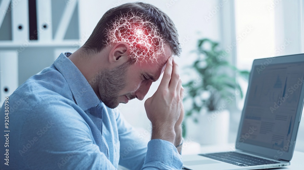 240805 54. Side view of individual grimacing with head pain at office ...