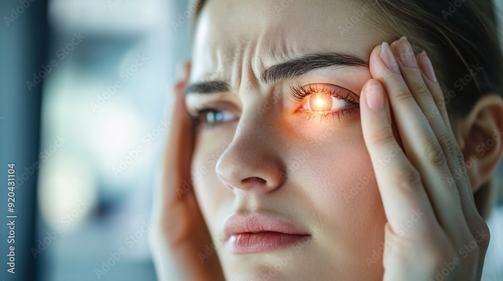 240805 65. Detailed view of face with highlighted eye pain in busy ...