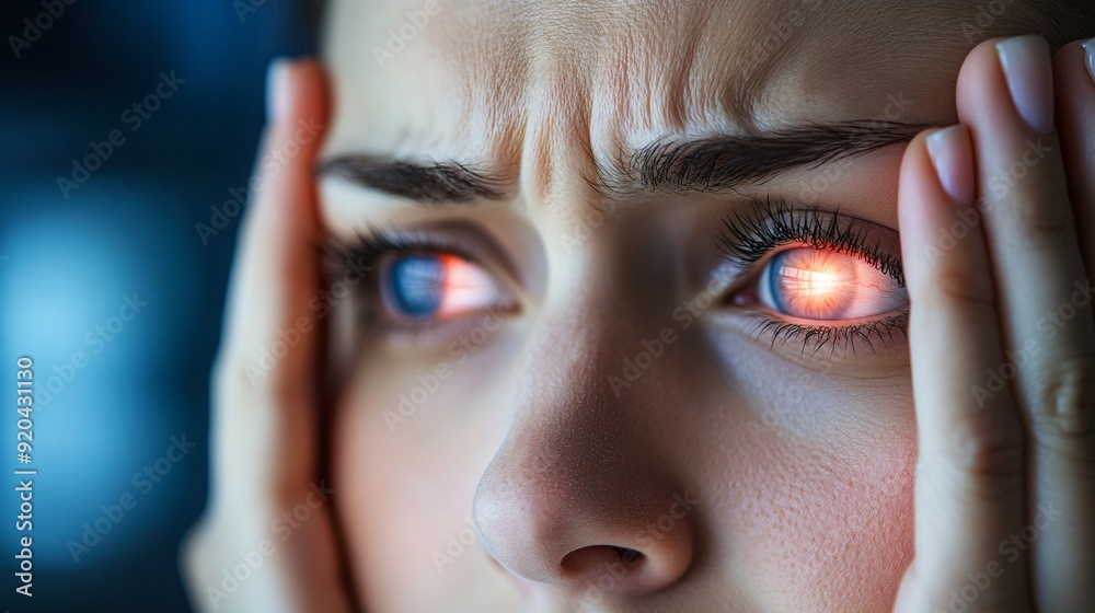 240805 65. Detailed view of face with highlighted eye pain in busy ...