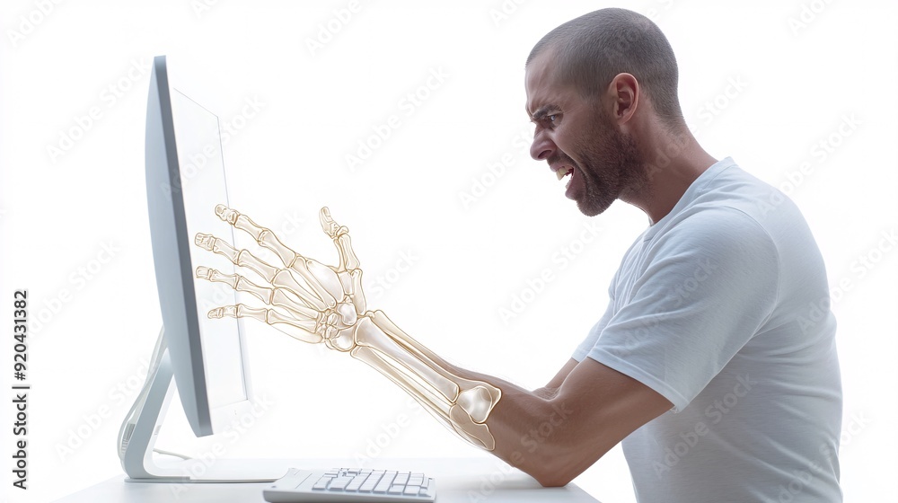 240805 74. Side view of individual grimacing with finger pain at ...