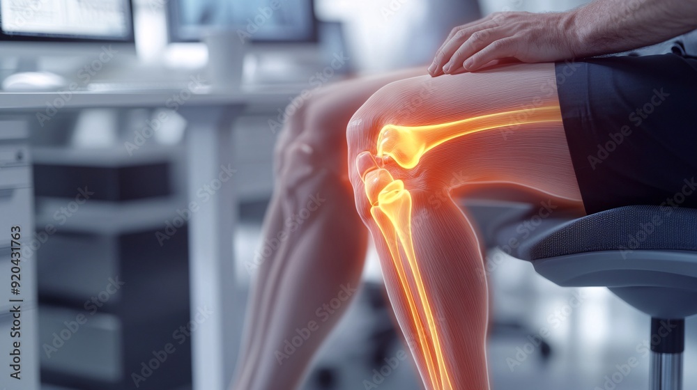 240805 90. Detailed view of leg with highlighted thigh pain in busy ...