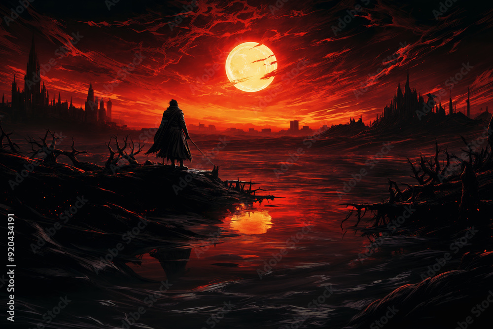 Lone warrior gazes at apocalyptic cityscape under blood-red sky, full ...