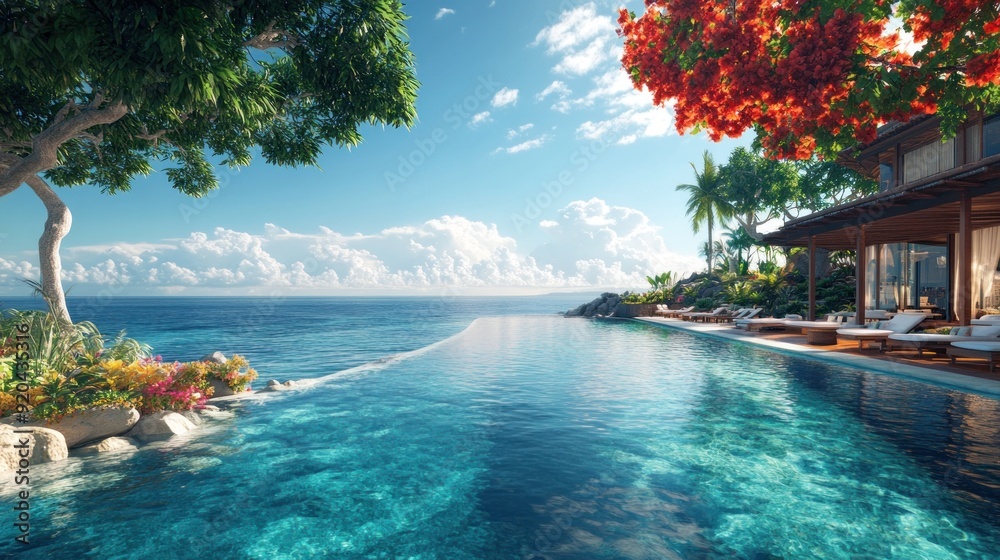 A high-resolution 3D animation of a luxurious resort by the sea with ...
