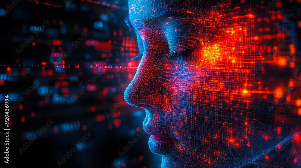 Artificial Intelligence in Cybersecurity Training, Digital Face with ...