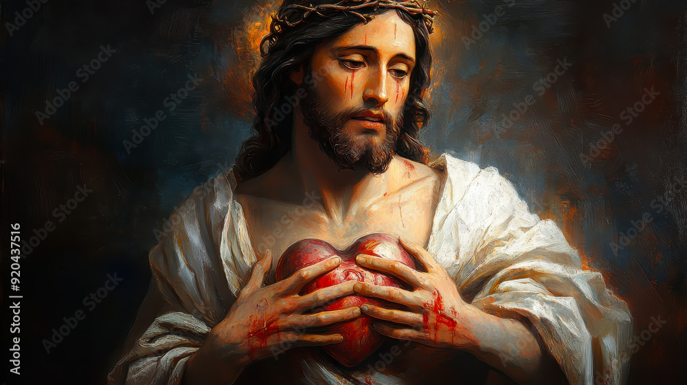 Sacred Heart of Jesus in Crown of Thorns, Religious Art Painting, Jesus ...
