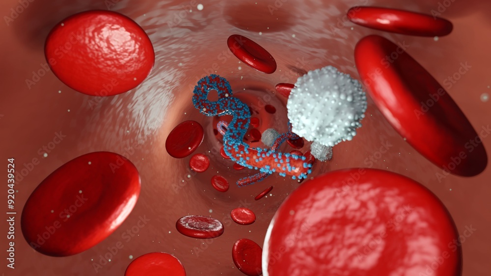 3d rendering of Marburg virus inside of blood vessels, this disease is ...