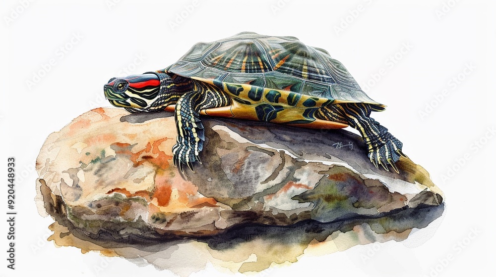 Red eared slider turtle resting on a rock,Clipart, watercolor ...