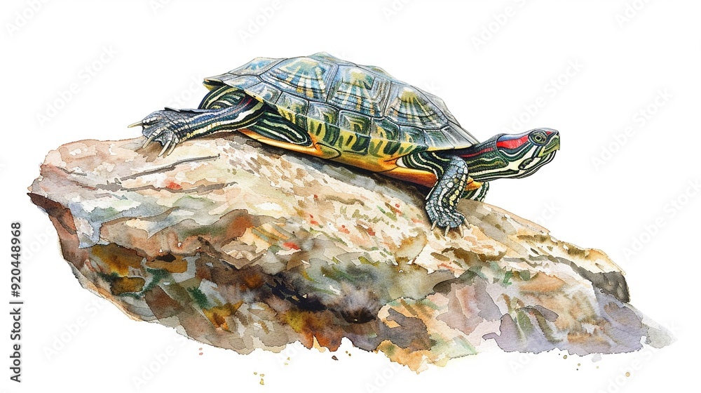Red eared slider turtle resting on a rock,Clipart, watercolor ...