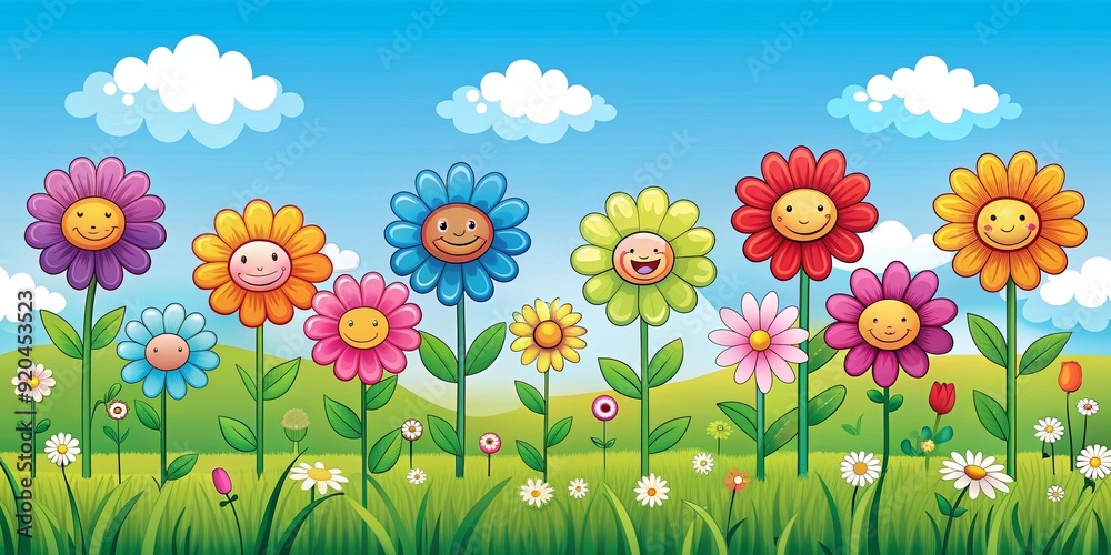 of colorful cartoon flowers in a meadow field on a background, meadow ...