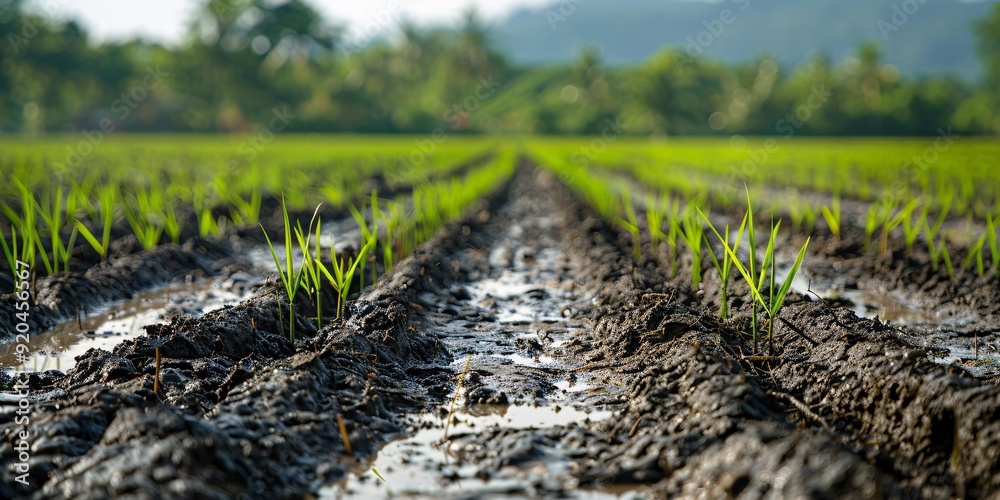 Recently planted rice fields with arid soil caused by insufficient ...