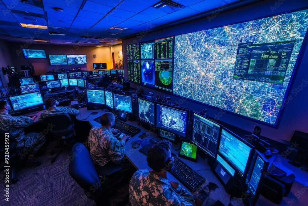 Soldiers actively monitor multiple screens displaying satellite imagery and tactical maps in a ...