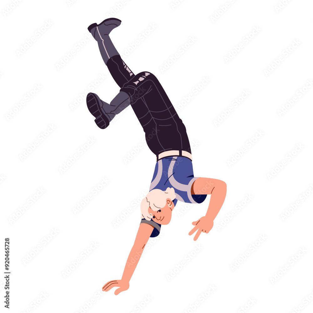 Happy person stands handstand for joy. Young man shows hand gesture of ...