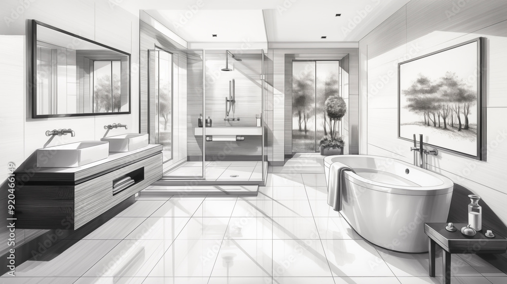 Plan an bathroom with a with bathtub and shower drawing, bathroom ...