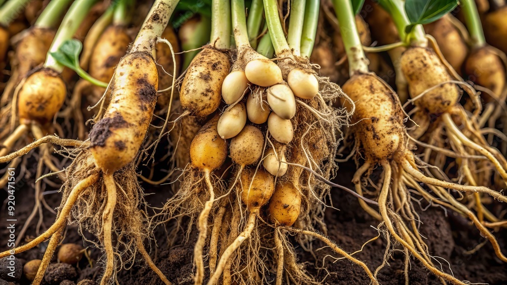 Close-up of soybean plant's complex root system, showcasing thick ...