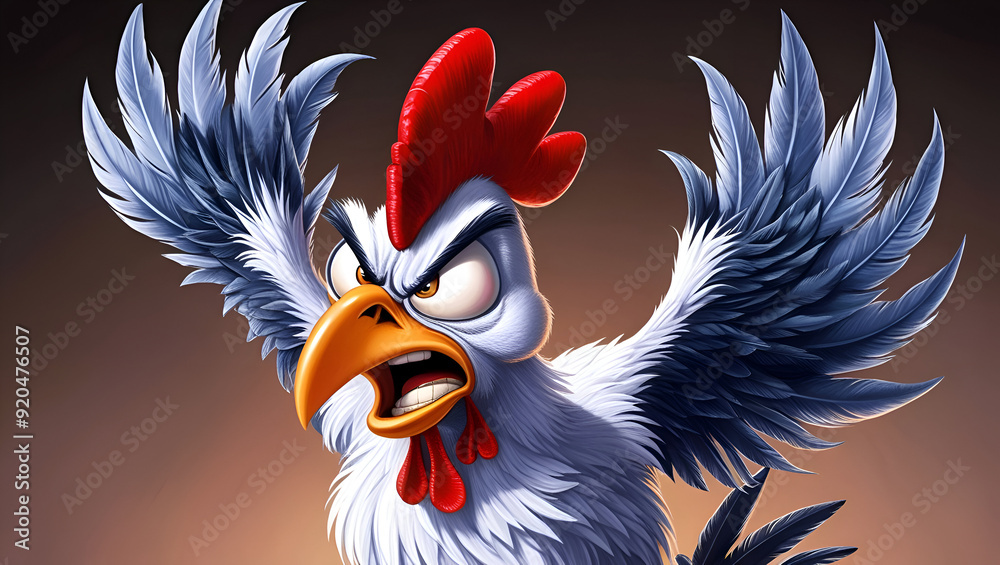 An angry cartoon chicken glares fiercely, its beak open in agitation ...