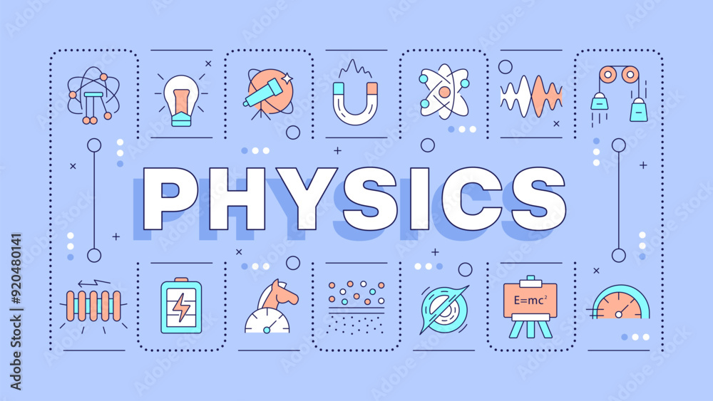 Physics light purple word concept. School subject. Natural science ...