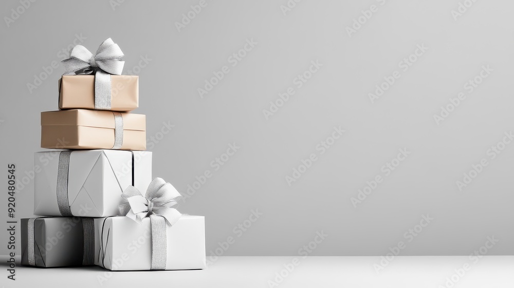 A high-fashion editorial spread showcasing a tower of luxurious gift ...