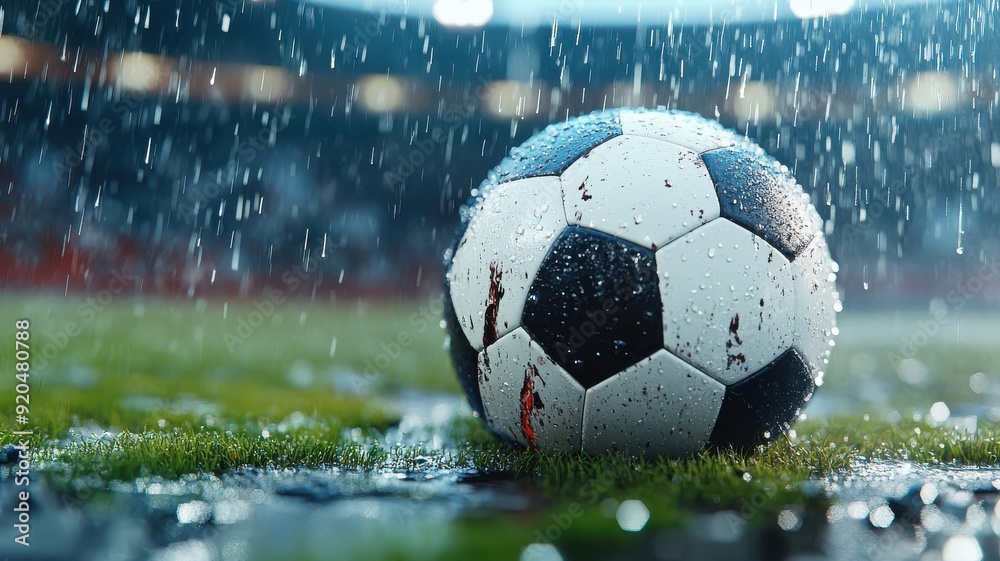 Cinematic 3D scene of soccer ball on drenched field, heavy downpour in ...