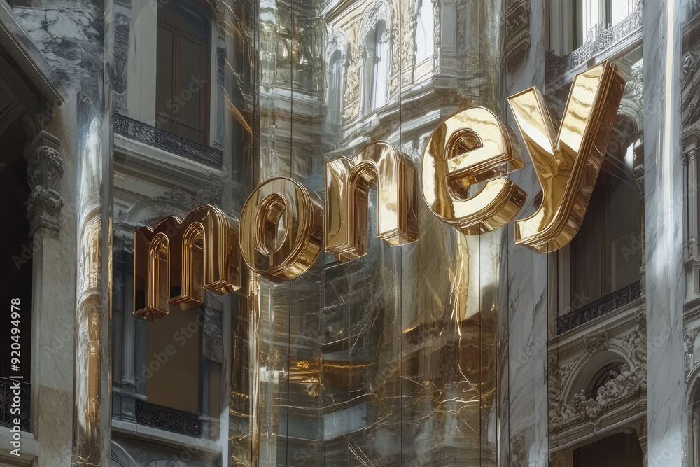 Golden word 'money' floating against a grand and luxurious interior ...