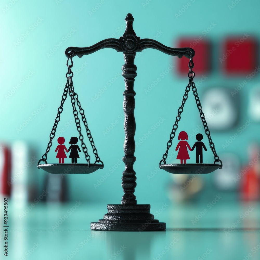 Black balance scale with male and female gender symbols on a teal ...