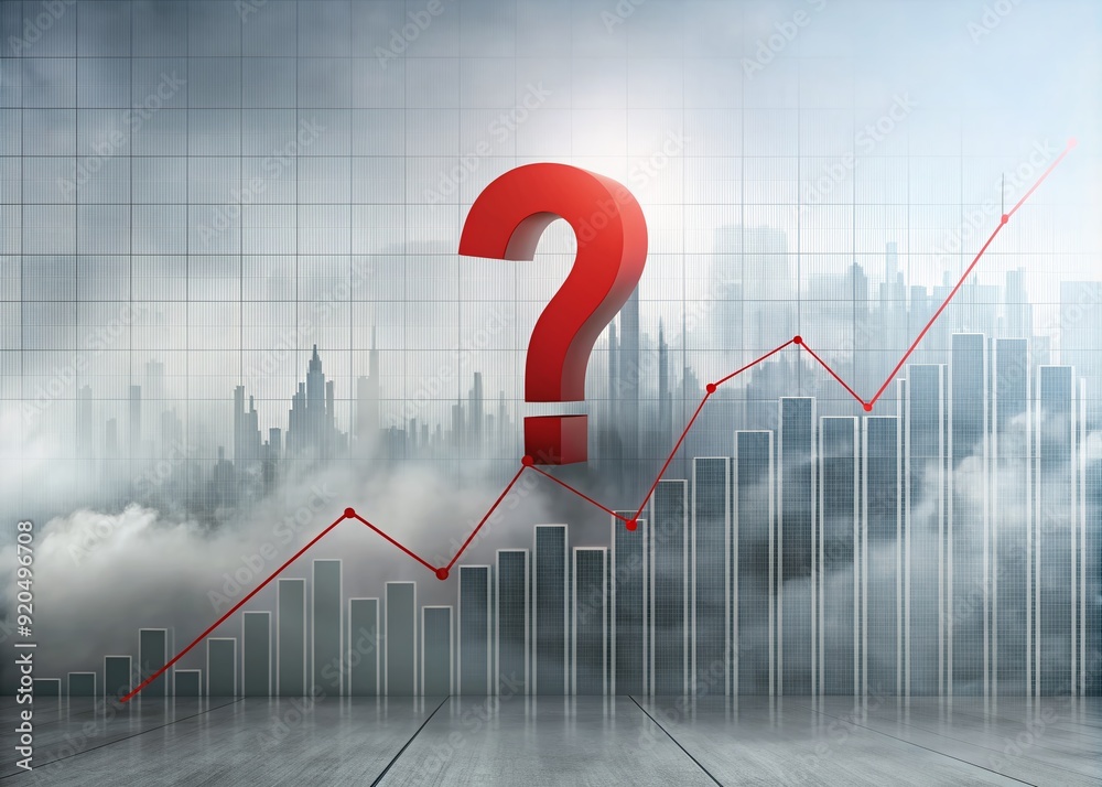 A stylized line chart with a red question mark symbol hovering above ...