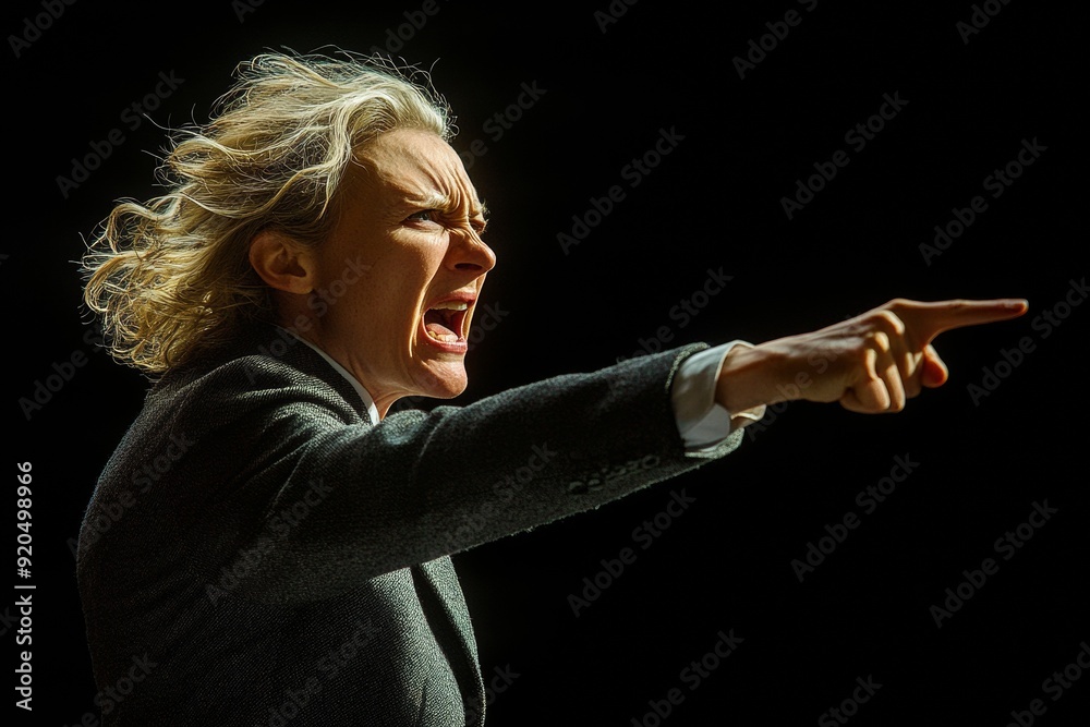 The image shows an angry senior woman pointing her finger and yelling ...