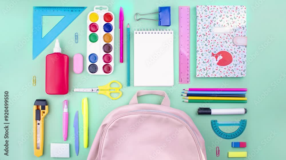 Colorful school supplies moving from school pink bag on mint green ...