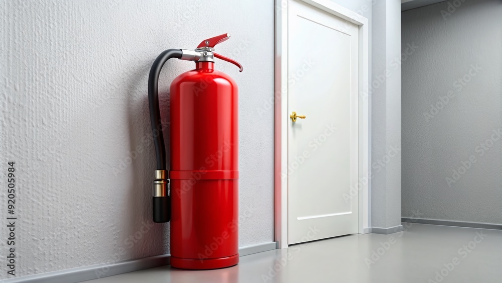 Red fire extinguisher mounted on a white office wall beside a door ...
