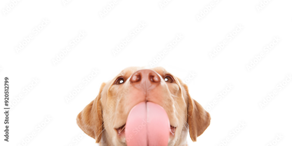 Labrador dog licking screen on white background. Free space for product ...