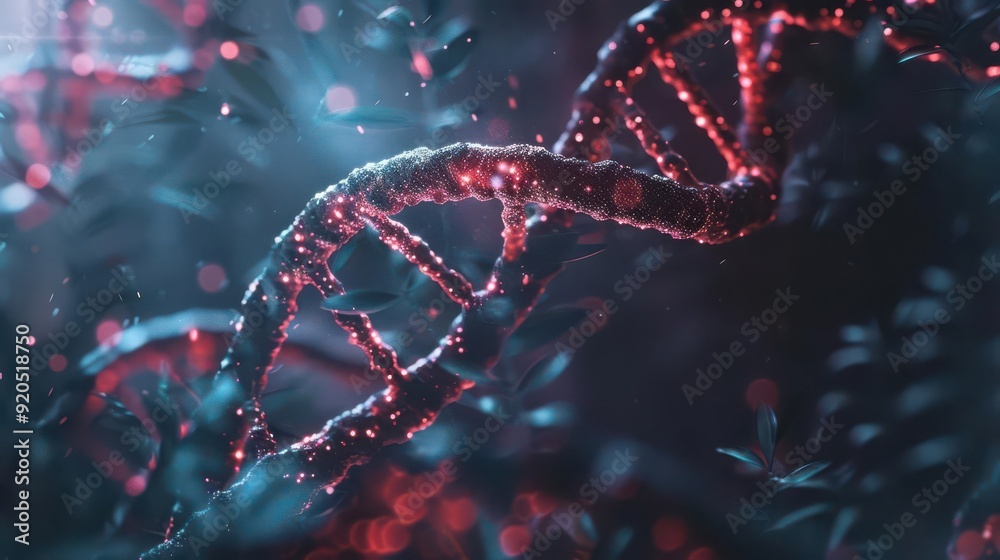 3D glowing, red double helix DNA strand is surrounded by a blue ...