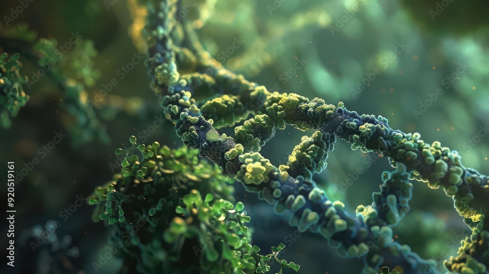 3D close-up DNA strand, rendered in a vibrant green and blue color ...