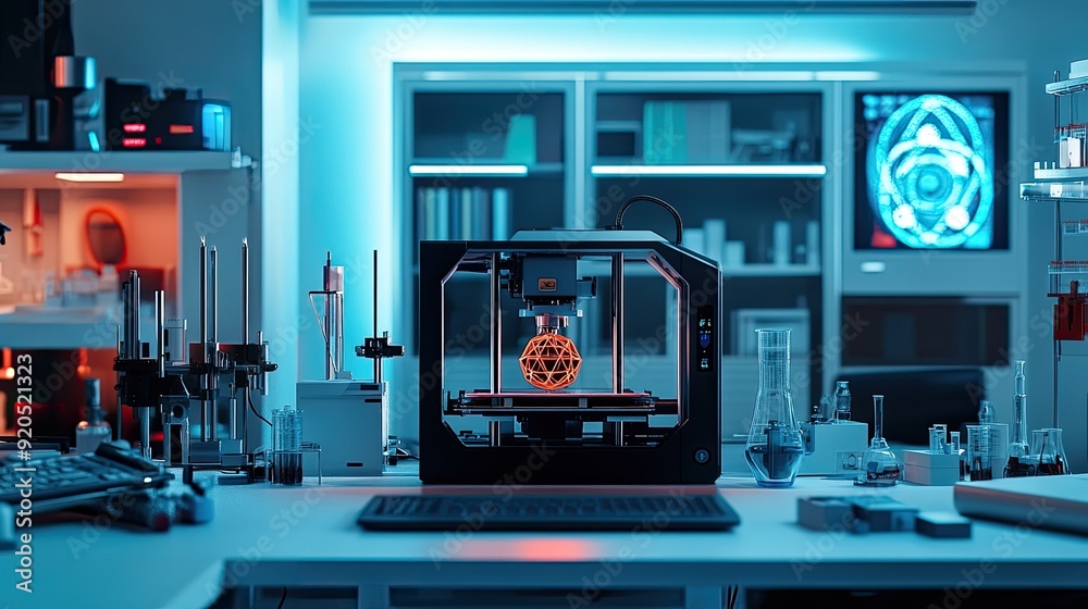 A modern lab setup with a 3D printer in action, surrounded by various ...